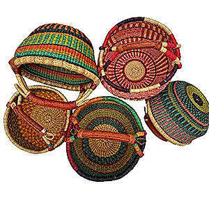 Deluxe Round Colorful African Basket - Medium 14" Round - by market women in Bolgatanga, Ghana with Africa Heartwood Project - GBMRC (Flat-packed)