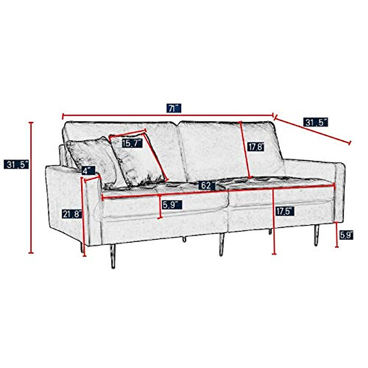 Rhomtree Mid Century Sofa Velvet Fabric Upholster Couch 71” Modern Sectional Futon Bench Loveseat Living Room Sofa with 2 Throw Pillows (Green)