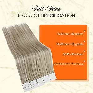 Full Shine Tape in Hair Extensions Human Hair 18 Ash Blonde Highlight 613 Blonde Double Sided Tape in Hair Extensions 12 Inch Invisible Straight Hair Extensions Tape in 30G 20Pcs Tape in Extensions