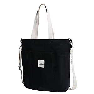 Iswee Canvas Tote Bag with Zipper Multi Pockets Tote Purse for Women Fashion Crossbody Tote Shoulder Bag Handbag Everyday Bag(IUU009-Black)
