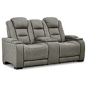 Signature Design by Ashley The Man-Den Leather Power Reclining Loveseat with Center Console, Adjustable Headrest & Wireless Charging, Gray
