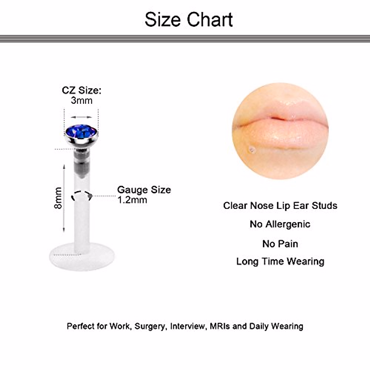 D.Bella Clear Labret Retainer, Acrylic Plastic Labret Lip Ring/Tragus/Helix/Cartilage Earring Stud Barbell for Piercing Body Jewelry Substitutes