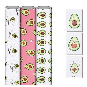 Avocado Gift Wrapping Paper Set, 3 Wrap Sheets With Fun Greeting Cards Tags For All Occasions Birthday Baby Showers Christmas Holidays Celebrations Presents