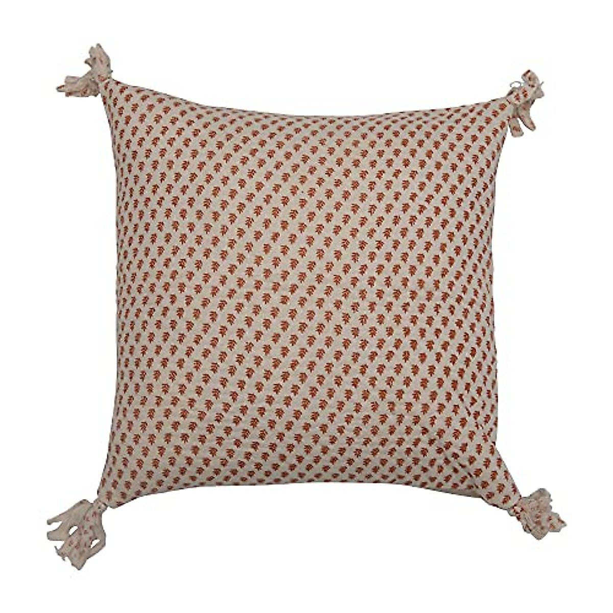 Creative Co-Op Square Block Print Chambray Back & Frayed Tassels Pillow, Cream & Rust