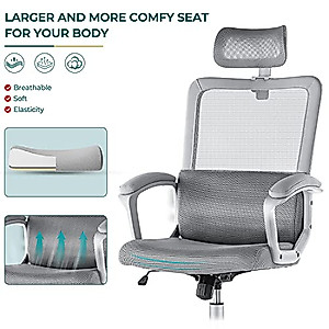 SMUG Ergonomic Mesh High Back Computer Adjustable Headrest,Lumbar Support, Tilt Function,Swivel Rolling, Soft PU Armrest Task Home Office Desk Chairs, Light Grey