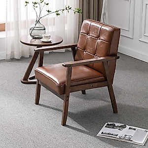 Okeysen Accent Chairs Set of 2, Mid Century Modern Accent Chair, Retro Wood and Leather Armchairs Side Chair, Lounge Reading Comfy Arm Chair for Living Room, Bedroom, Office(Brown)
