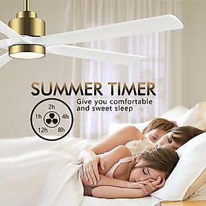 ELEHINSER 60" Modern Ceiling Fan with Lights and Remote Control, 5 Solid Wood Blades 6-Speed Noiseless Reversible DC Motor, Ceiling Fan for Bedroom Dinning Living Room, Gold Finish with White Blade