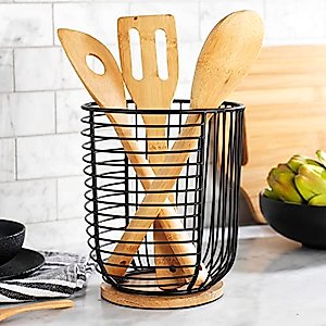 MosJos Extra Large Black Utensil Holder with Wooden Base - Farmhouse Utensil Storage - Wire Crock Kitchen Countertop Organizer - 7.2 x 6.2 Cooking Utensil Holder