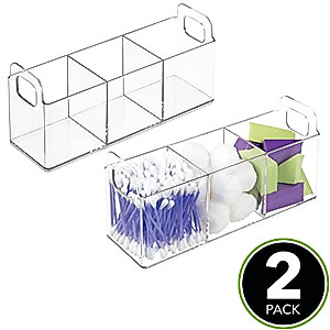 mDesign Plastic 3-Compartment Bathroom Organizer Storage Bin - Divided Makeup Caddy and Hair/Beauty Product Holder Tray - Perfect for Vanity, Counter, and Cabinet - Lumiere Collection, 2 Pack, Clear