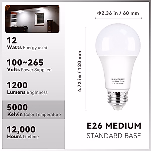 Niuxpkus LED Light Bulbs A19 Daylight - 100 Watt Equivalent Light Bulb 5000K 1200 Lumens Bright White Light Bulbs Standard E26 Edison for Home Garage Office 12W, Non Dimmable, 6-Pack