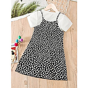 MakeMeChic Baby Girl's 2 Piece Outfits Solid Short Sleeve Tee Shirt Floral Cami Dress Set Black and White 110