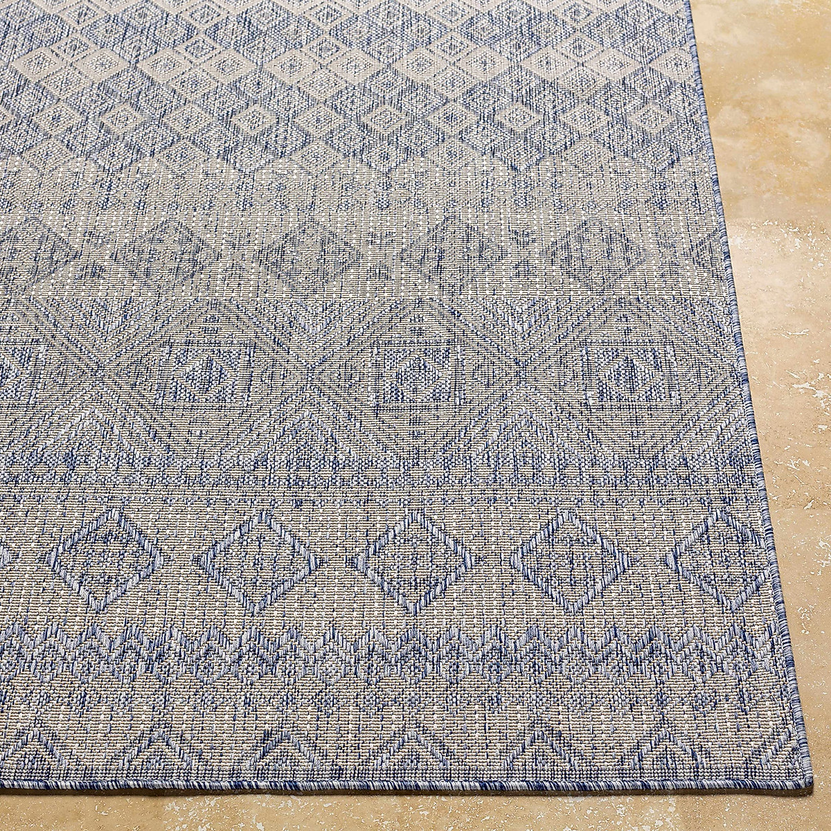 BoutiqueRugs Tominhao Bohemian, Transitional Area Rug - Outdoor Safe - Pale Blue, Tan, Navy - 7'10" x 10'