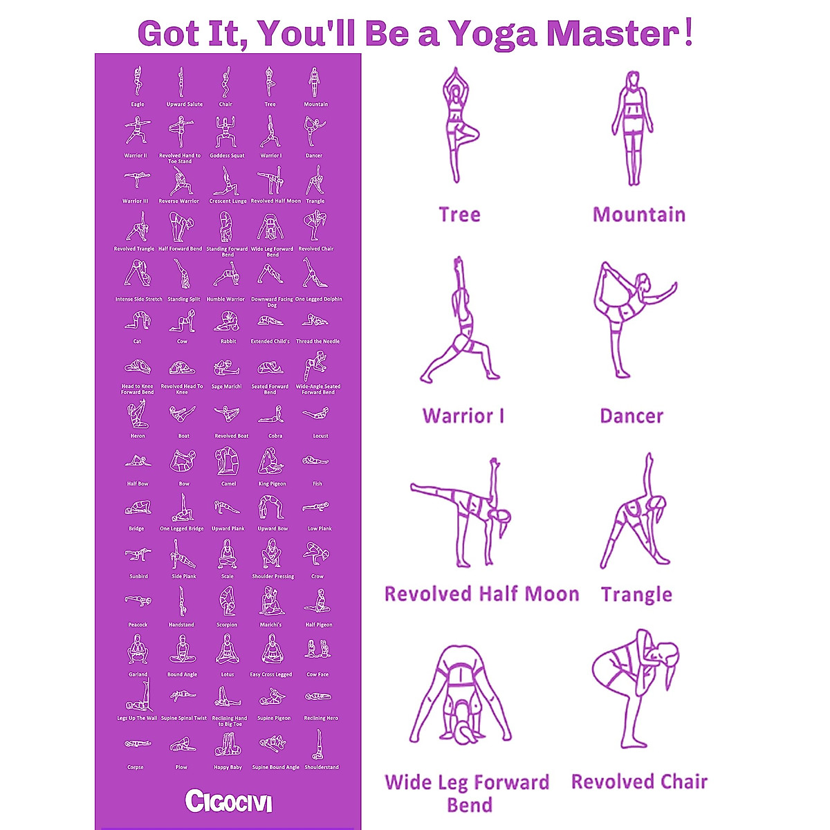 Upgrade New Instructional Yoga Mat with 75 Poses Printed on It, 6mm Travel Yoga Mat with Bag Christmas Gifts for Women and Men, 1/4 Inch Extra Thick Non-Slip (Purple/Blue)