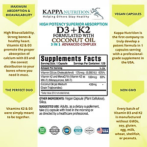 KAPPA NUTRITION Vitamin D3 + K2 Supplement with MCT Oil (Coconut Oil) (5000iu) Vitamin D with 100mcg Mk7 Vitamin K, Supports Calcium for Stronger Bones & Immune Health, 120 Vegan Capsules for Adults