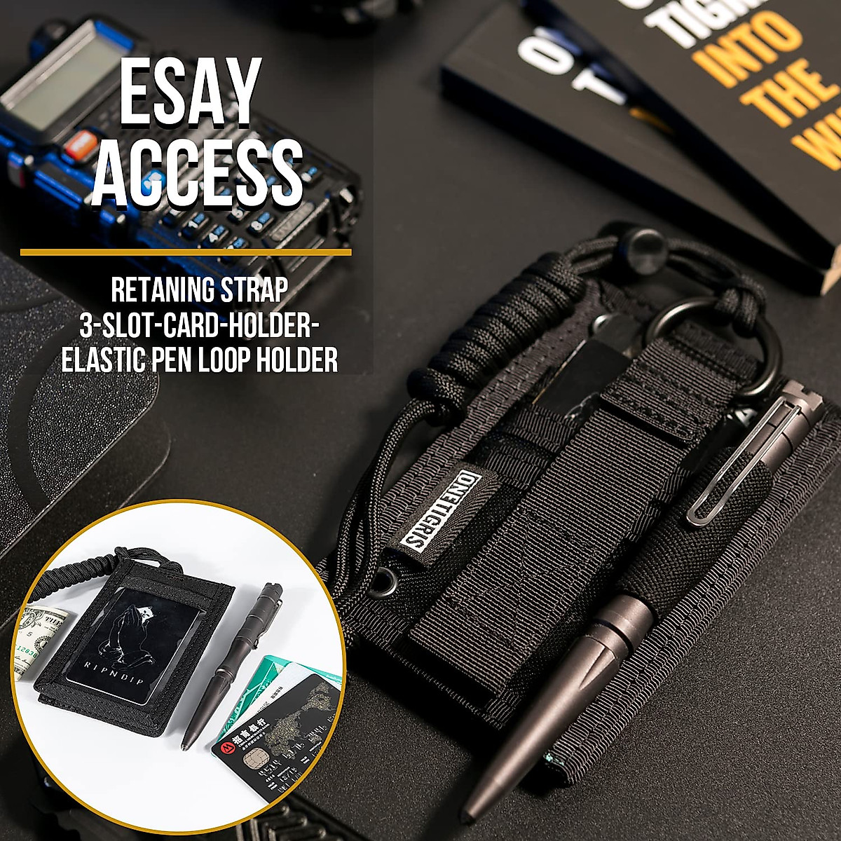 OneTigris Tactical ID Card Holder Hook & Loop Patch Badge Holder Neck Lanyard Key Ring and Credit Card Organizer (Black)