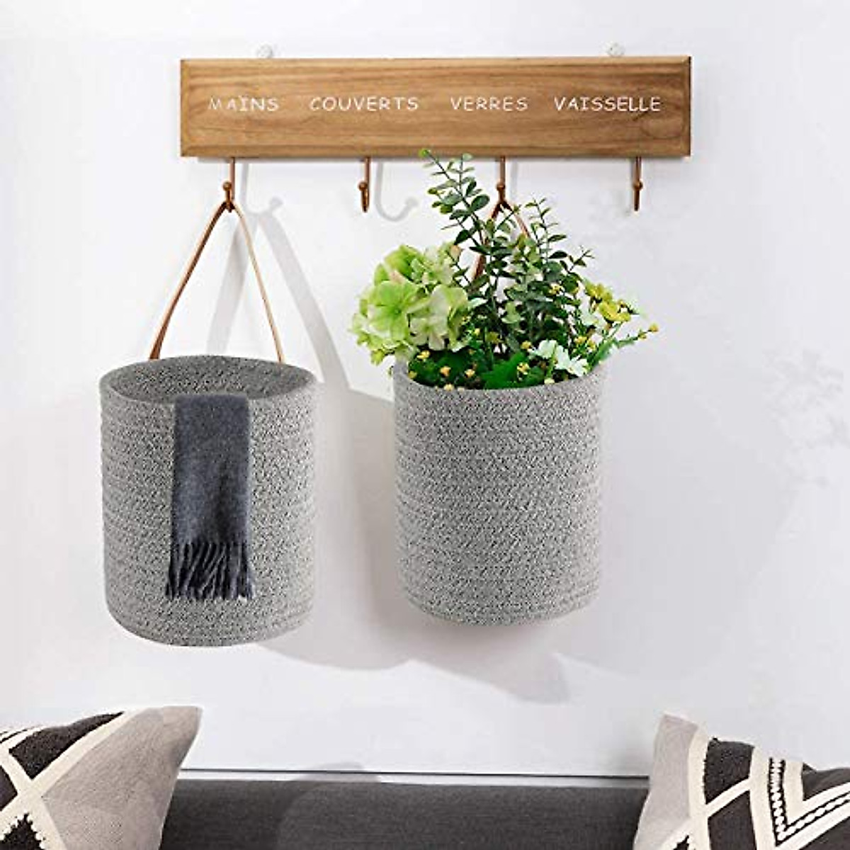 Clubasket Wall Hanging Rope Basket Small Woven Basket Hanging Storage Rope Basket Cotton Rope Basket Storage Bins for Home Décor, Baby Nursery (M-Grey06)