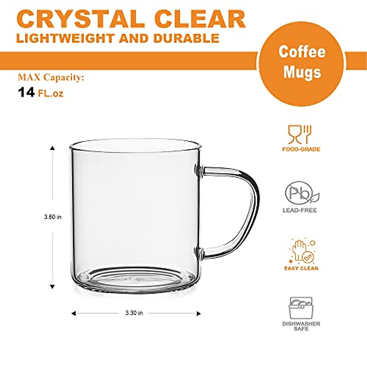 LUXU Glass Coffee Mugs Set of 4,Large Wide Mouth Mocha Hot Beverage Mugs (14oz),Clear Espresso Cups with Handle,Lead-Free Drinking Glassware,Perfect for Latte,Cappuccino,Hot Chocolate,Tea and Juice