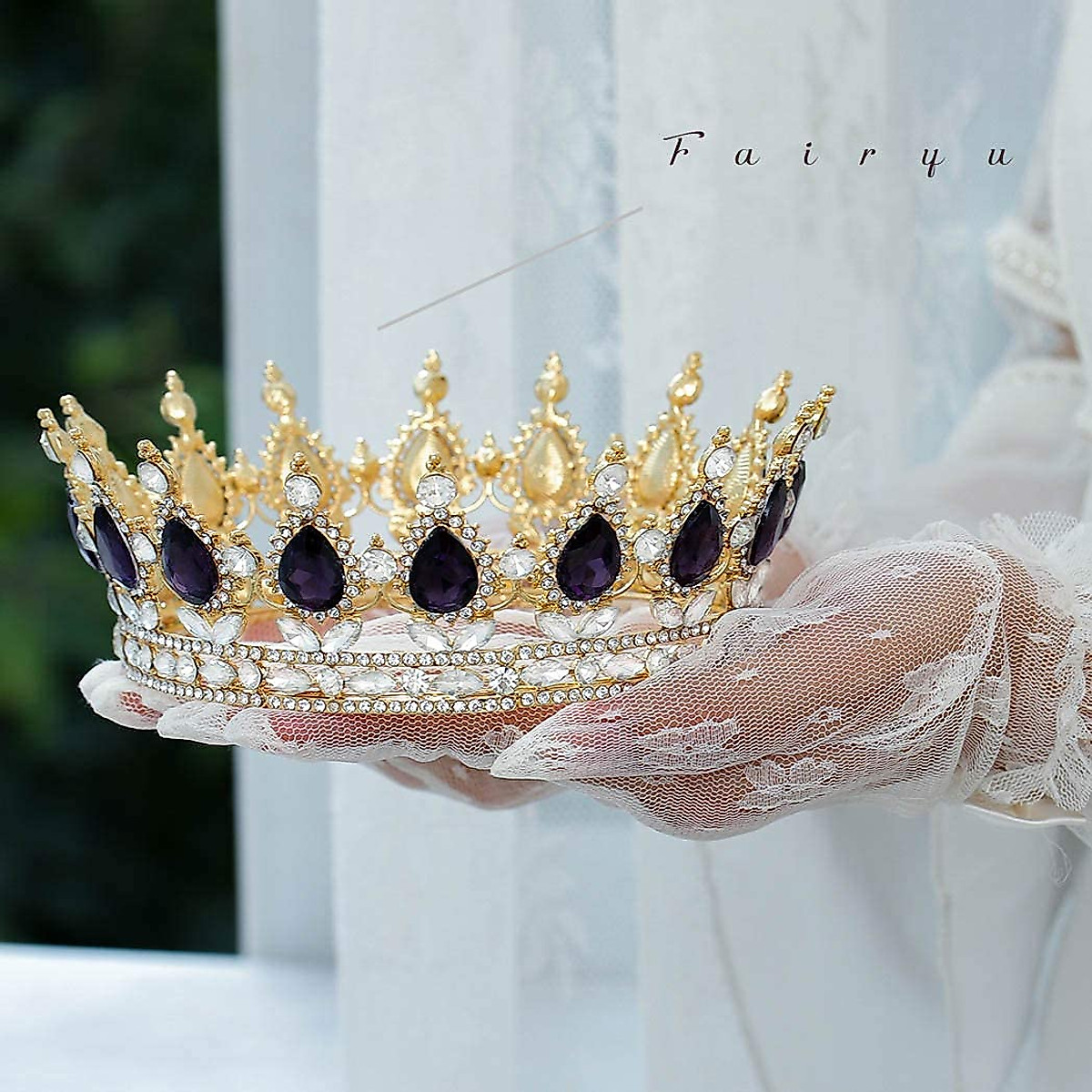 Foyte Baroque Queen Crown and Tiaras Sparkly Rhinestone Wedding Crown Bride Tiaras Princess Full Round Tiaras Headpieces for Women (Purple)