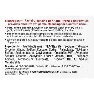 Neutrogena Facial Cleansing Bar Treatment for Acne-Prone Skin, Non-Medicated & Glycerin-Rich Formula Gently Cleanses without Over-Drying, No Detergents or Dyes, Non-Comedogenic, 3.5 oz