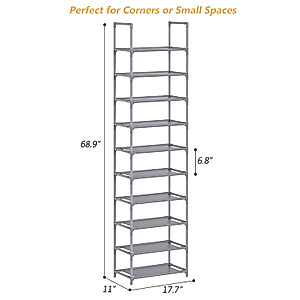 WOKKOW Shoe Rack Organizer, 10 Tier Tall Narrow Shoe Rack for Closet Entryway, Shoe Storage Shelf Holds 20-25 Pairs with Hooks, Gray