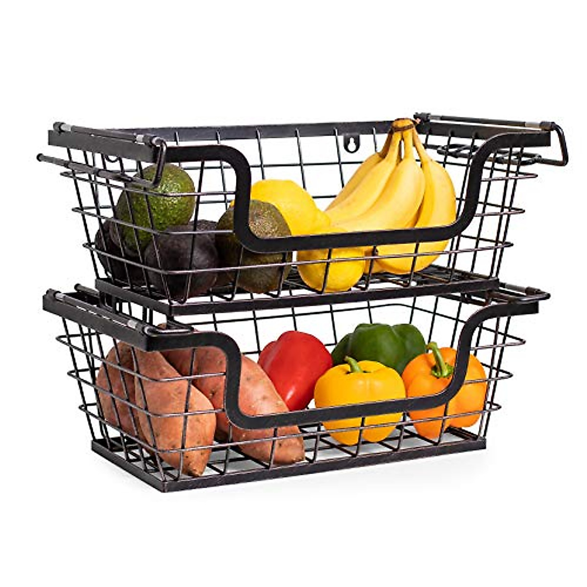 BirdRock Home Wire Basket for Storage - Set of 2 Baskets - Stackable - Hanging – Wall Shelf - Fruit Vegetable Organization – Pantry Cabinet - Metal Bin for Kitchen Counter – Bathroom Storage