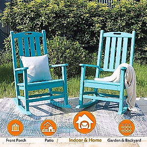 VEIKOU Rocking Chairs for Outside, HDPE Outdoor Rocking Chairs Set of 2, Heavy Duty Porch Rocker Supports 350lbs, All Weather Rocking Chair w/High Back & Wide Seat, (Blue, 2 Chairs)