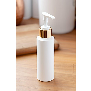 4 oz / 120 ml White Plastic HDPE Refillable Cylinder Squeeze Bottle with Gold Lotion Pump (12 Pack)