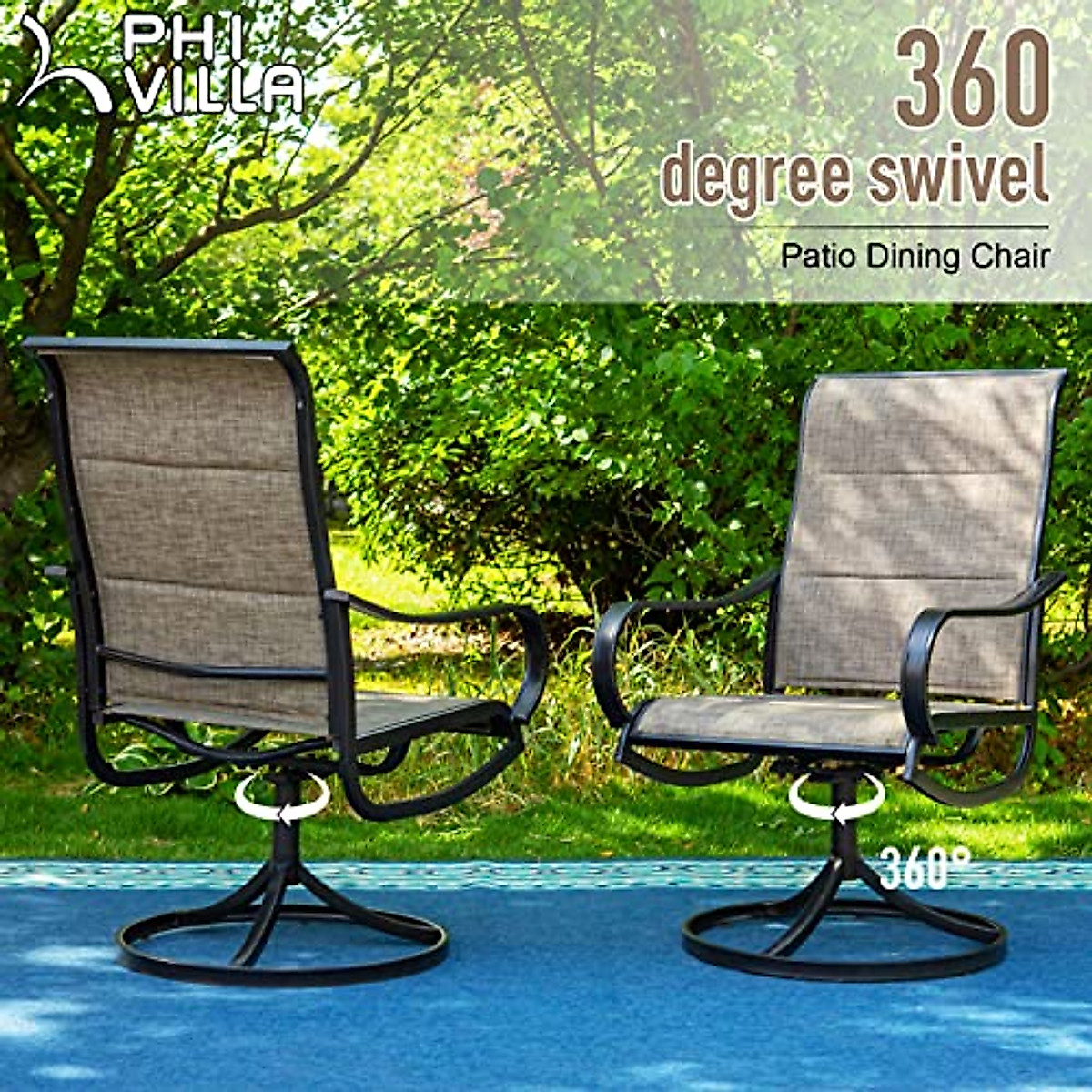 PHI VILLA 7 Piece Patio Dining Set, Outdoor Table and Chairs Furniture Dining Set with 6 Outdoor Swivel Dining Chairs and 1 Large Metal Table, Patio Set for Lawn Garden Deck, Padded Textilene