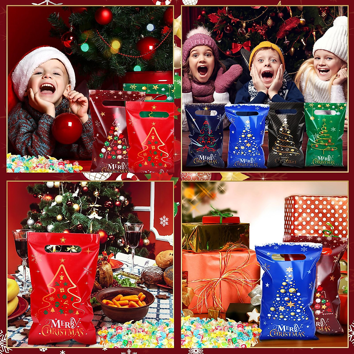 Hotop 150 Pcs Christmas Treat Bags Christmas Tree Goodies Bags Bulk Plastic Candy Treat Snacks Bags with Handles for Holiday Cookie Goody Gift Merry Christmas Party Favor Supplies, 6 Styles