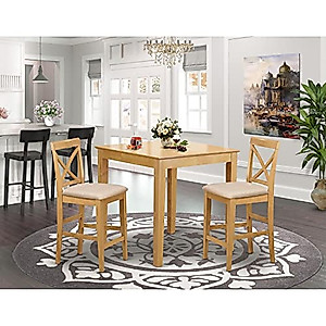 East West Furniture PUBS3-OAK-C 3 Piece Kitchen Counter Set for Small Spaces Contains a Square Table and 2 Linen Fabric Dining Room Chairs, 36x36 Inch
