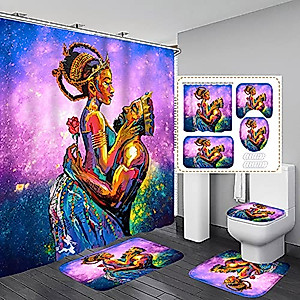 Traditional African American Shower Curtains for Bathroom, African Bathrooom Sets with Shower Curtain and Rugs, Black Girl Shower Curtain Bathroom Set (Violet)