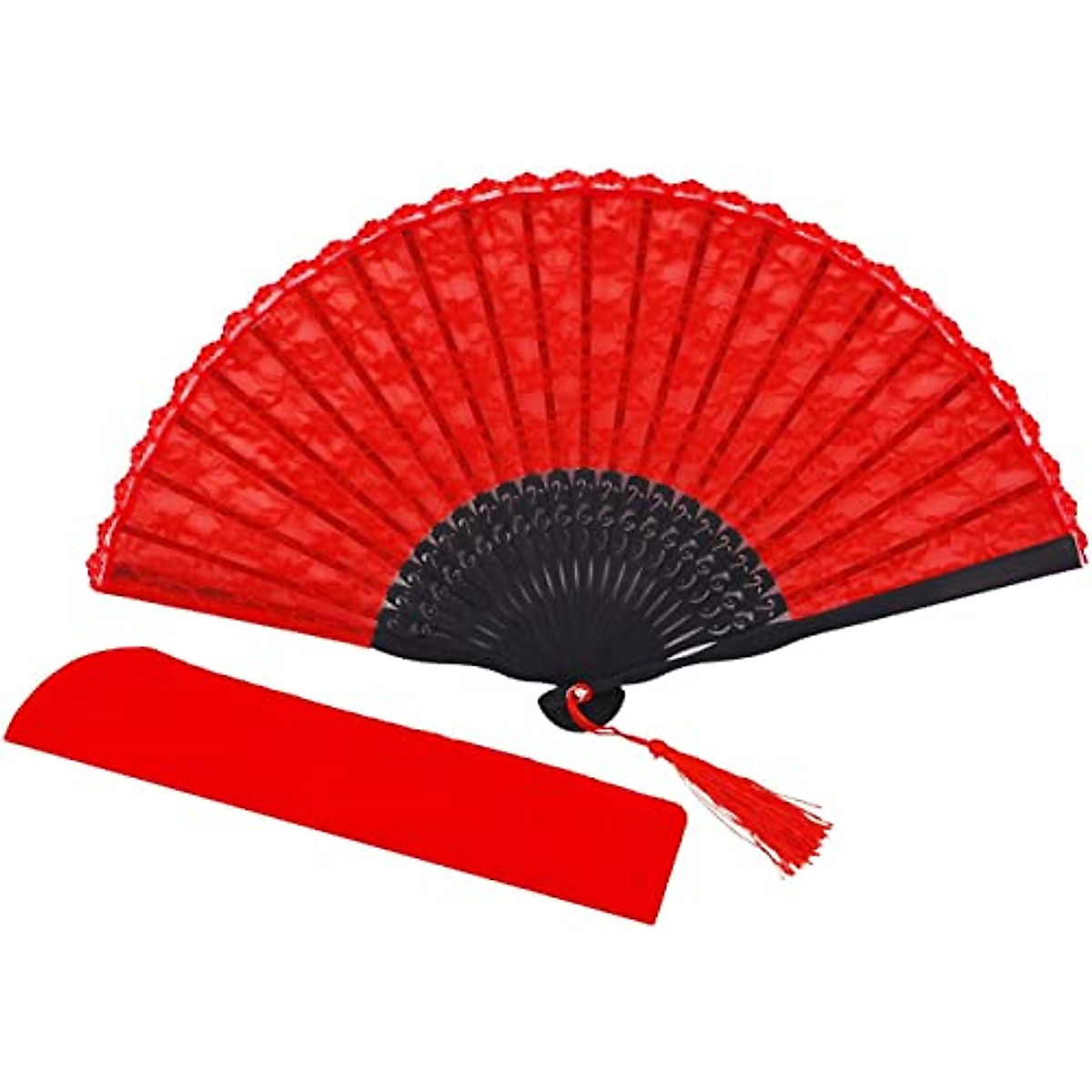 Womens Multi Color Handmade Cotton Lace Folding Hand Fan (Black-A) (6-pac)
