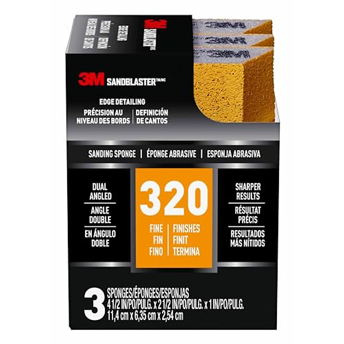 3M SandBlaster Dual Angle Sanding Sponge Gold, 4.5 in. x 2.5 in. x 1 in., 320 Grit, 3/Pack