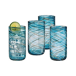 Mikasa Color Swirl Highball Glass Tumbler Cups, Set of 4, Blue