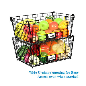 3 Pack XXL Stackable Wire Baskets for Pantry Storage and Organization- Large Metal Storage Bins with Handle and Chalkboard for Fruit Vegetable Snack Food- Kitchen Cabinet Countertop Organizer - Black