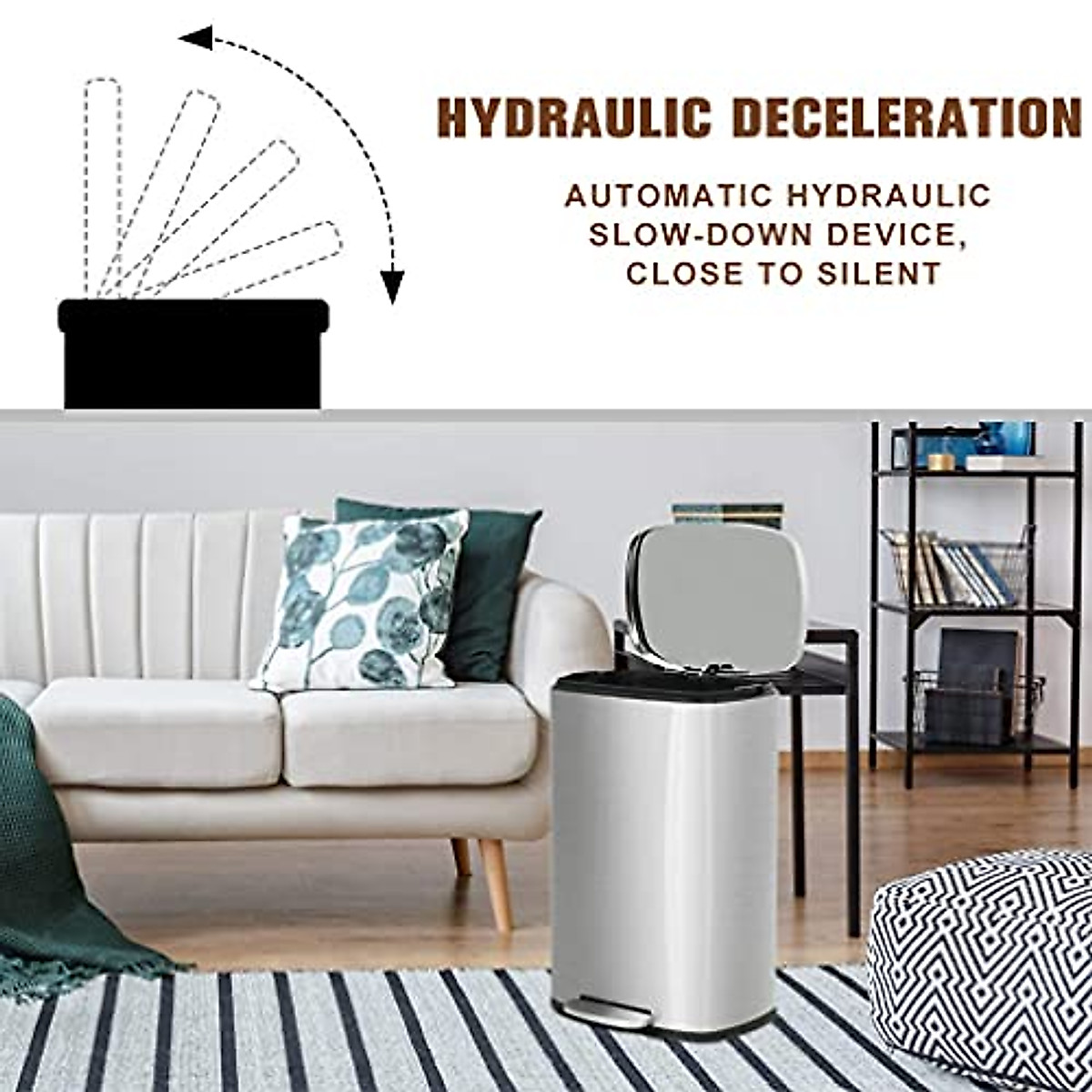 13.2 Gallon(50L) Trash Can, Fingerprint Proof Stainless Steel Kitchen Garbage Can with Removable Inner Bucket and Hinged Lids, Pedal Rubbish Bin for Home Office