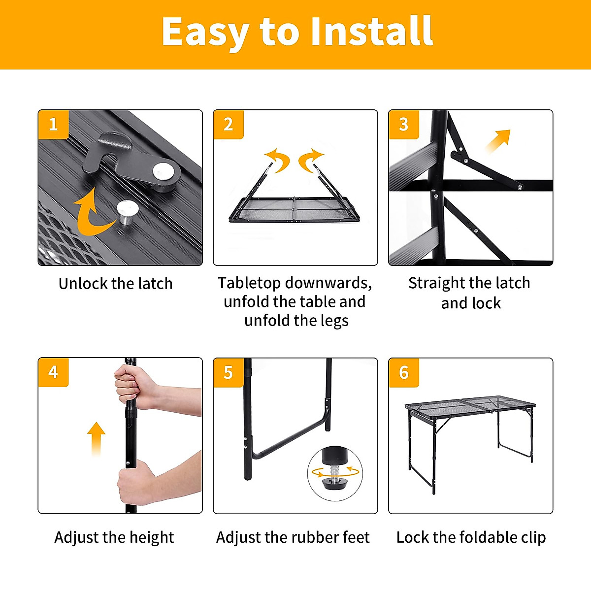 Moosinily Camping Table 4FT Grill Table Foldable Folding Table Picnic Portable Stand Mesh 3 Height Adjustable Outdoor Card BBQ RV Black 47.2×23.6 inch