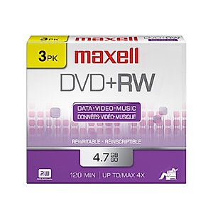 MAXELL 634015 / 634043 4.7 GB DVD Plus RW Media, 3-Pack