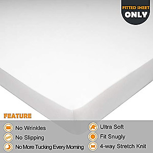 Soft Stretch Queen Size Fitted Sheet Only - Jersey Knit, Cozy T-Shirt Like & 4-Way Stretchy Snug Fit & Stay in Place, No More Slipping Off for Mattress (Deep: 5"-16") - White, Queen