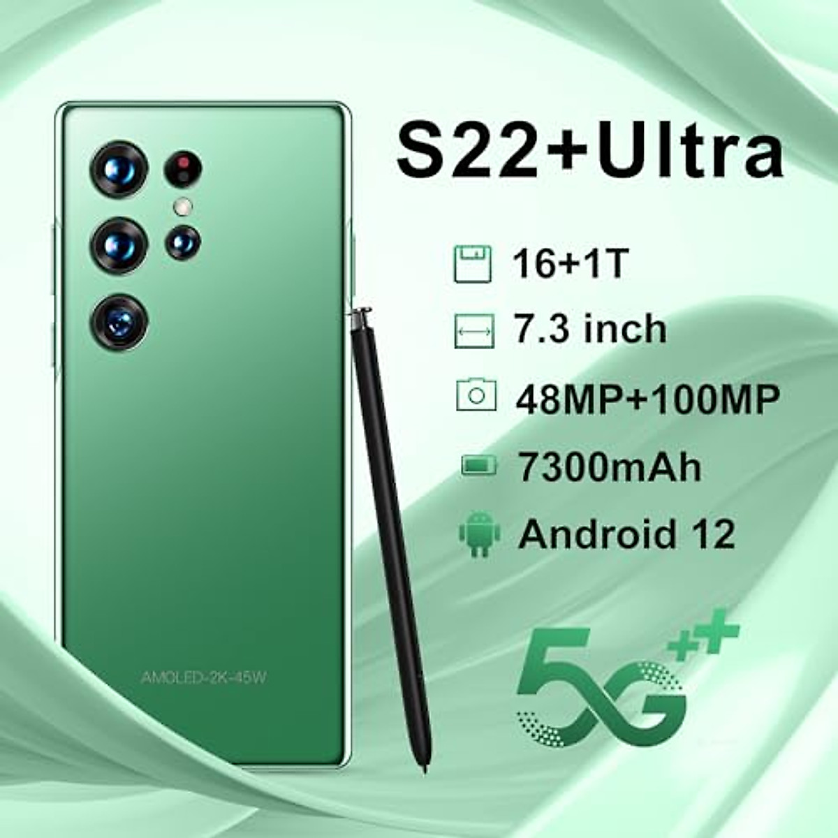 2023 Global Version S22 Ultra Smartphone 7.3INCH 5G Mobile Phones 16GB RAM 1TB ROM Cell Phone Facial Fingerprint Unlocking ID Dual Sim Card,Green-1TB