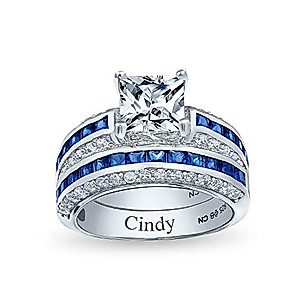 Personalize 3CT Art Deco Style Blue Square Princess Cut Solitaire Clear AAA CZ Engagement Anniversary Wedding Ring Set .925 Sterling Silver Customizable