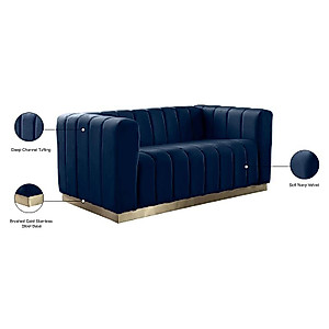 Meridian Furniture Marlon Collection Modern | Contemporary Velvet Upholstered Loveseat with Deep Channel Tufting, Stainless Steel Base in a Brushed Gold Finish, 62.5" W x 34" D x 28" H, Navy