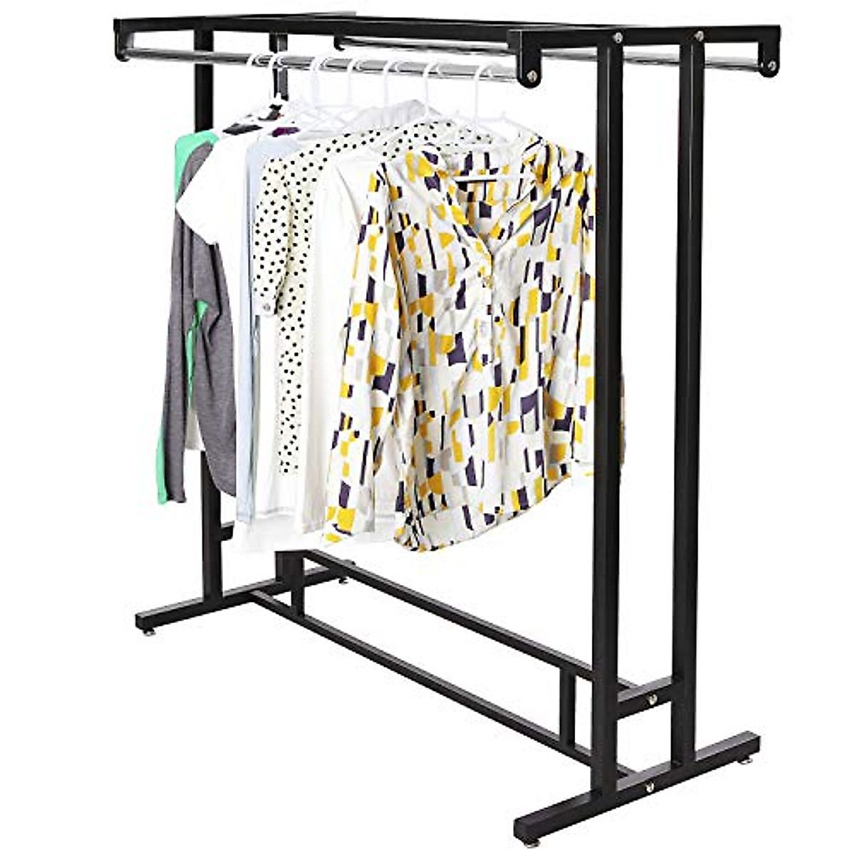 MyGift Black Stainless Steel Heavy Duty Clothes Garment Rack, Freestanding Double Rod Clothing Hanger Stand with Storage Display Shelf