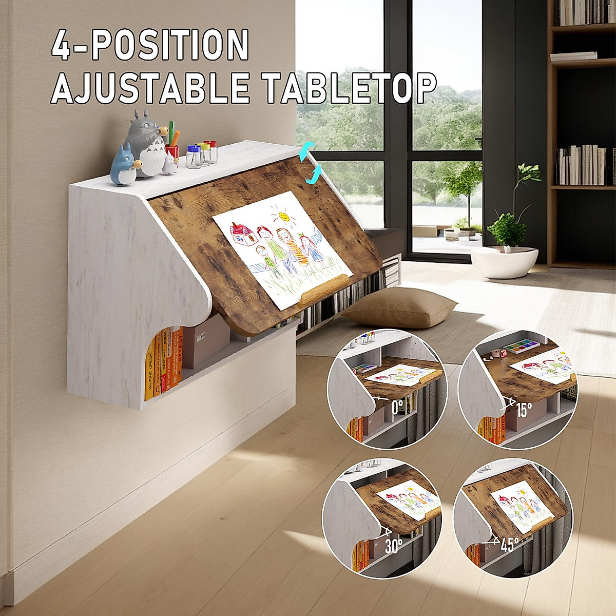 Pmnianhua Floating Desk with Adjustable Drawing Tabletop,Wall Mounted Desk with Angles Adjustable Drafting Table,Multifunctional Workstation for Bedroom Dormitory Small Space(Rustic Brown)