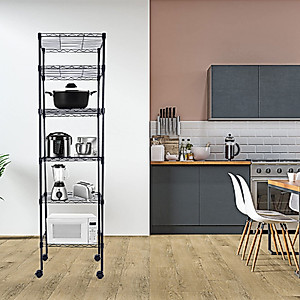 Simple Deluxe Heavy Duty 6-Shelf Shelving with Wheels, Wire Shelving with Hanging Hooks, Adjustable Storage Units, 17.32" D x 11.42" W x 64.96" H, 6 Tier, Black