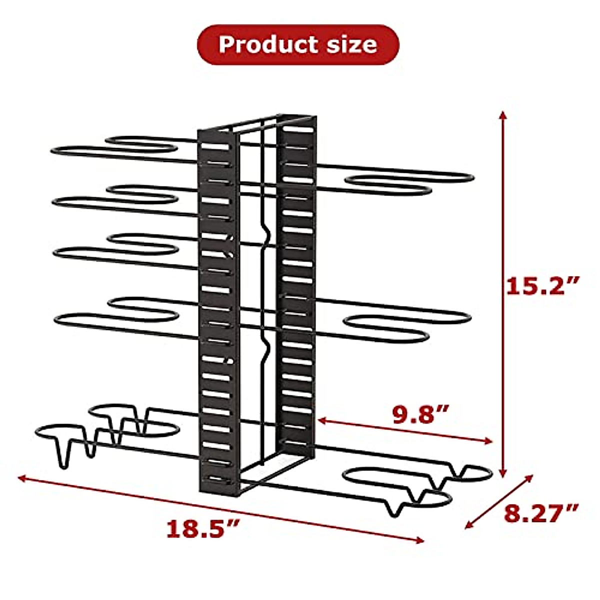 ASHARE Pot and Pan Organizer for Cabinet Adjustable 8 Tiers Pan Pot Lid Organizer Rack Holder with 3 DIY Methods Height Adjustable for Kitchen Counter and Cabinet, Black