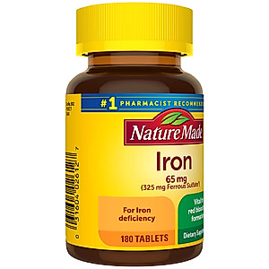 Nature Made Iron 65 mg (325 mg Ferrous Sulfate) Tablets, Dietary Supplement for Red Blood Cell Support, 180 Tablets, 180 Day Supply