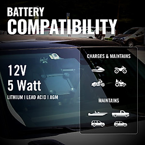 Battery Tender 5 Watt Solar Panel 12V Battery Charger with Charge Controller - IP67 Weatherproof - Windshield or Handlebar Mountable - Included Ring Terminal Cable or OBD II Connector - 021-1172