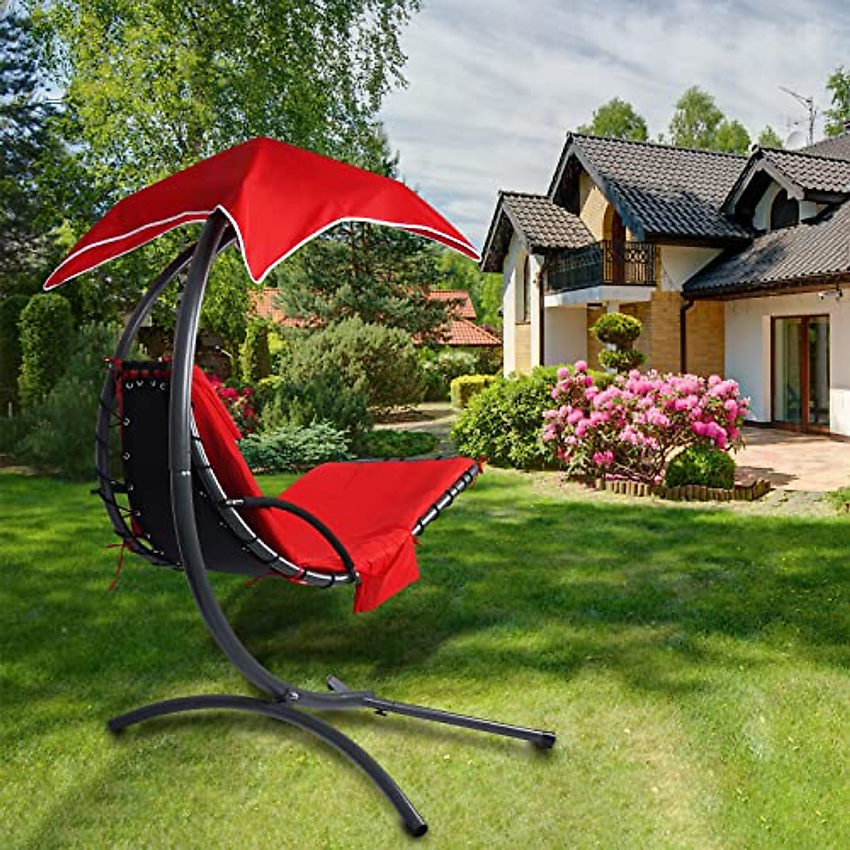 Terrace Hanging Chaise Longue with Replaceable Cover and Umbrella Cloth, Suitable for Chaise Lounge Hammock, Soft and Comfortable, Waterproof and Moisture Proof (Cushions, Pillows not Included) (Red)