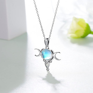 Moonstone Triple Moon Goddess Pendant Necklace Amulet Pentagram for Women Sterling Silver Wiccan Pagan Jewelry Gifts
